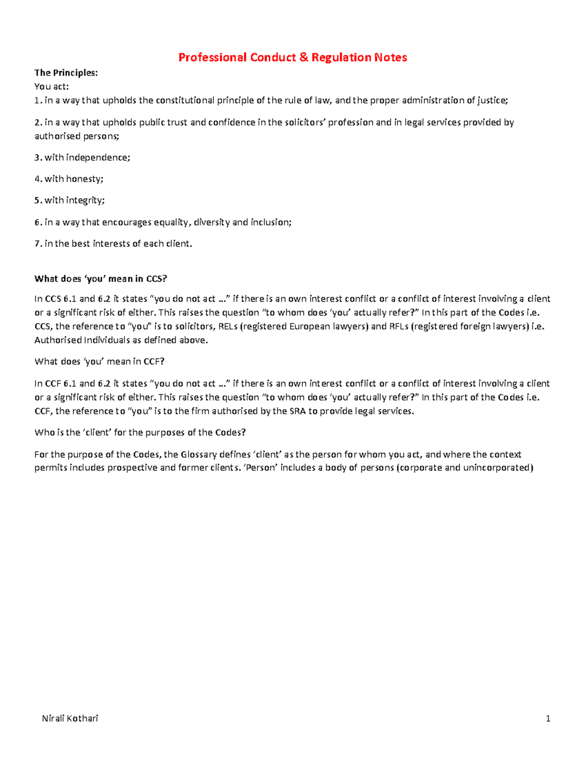 Professional Conduct and Regulation Notes - Professional Conduct ...