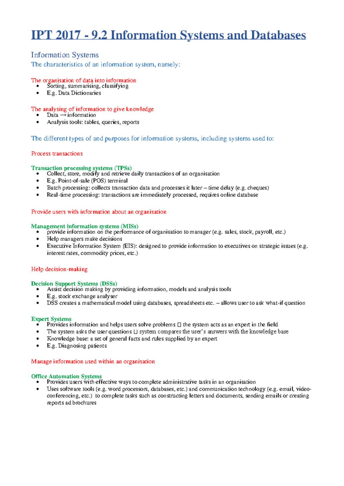 IPT HSC 2017 - Databases & Information Systems - Information Systems The characteristics of an ...