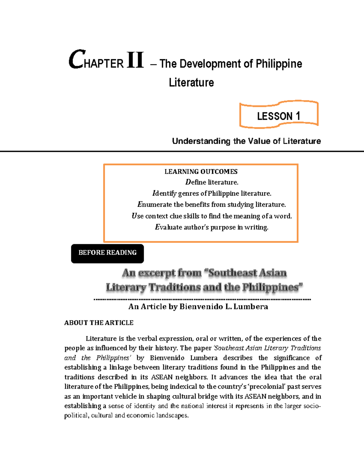 LIT 111 Understanding THE Value OF Philippine Literature - BEFORE ...
