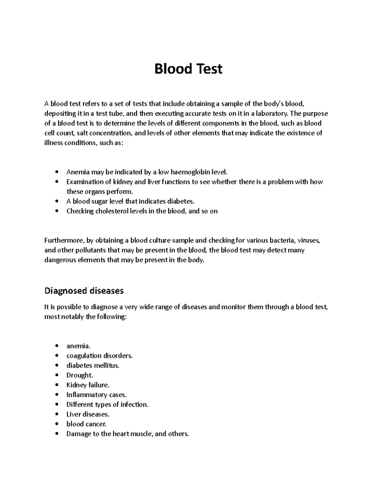 Blood Test - Biology grade 11 - Assignment - Blood Test A blood test ...