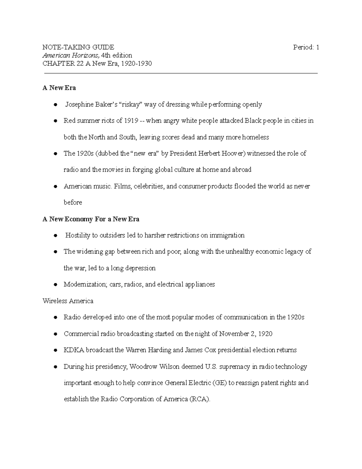 Chapter 22 Notes History 102 - NOTE-TAKING GUIDE Period: 1 American ...