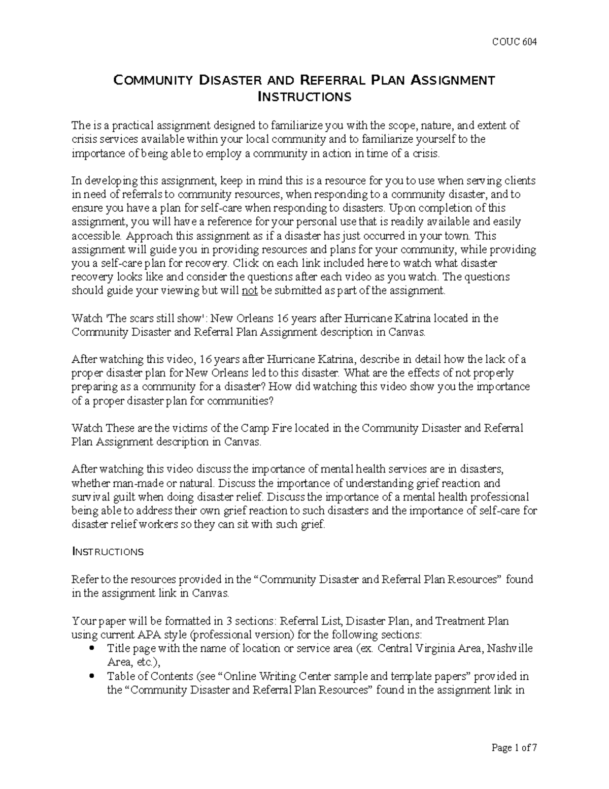 Community Disaster and Referral Plan Assignment Instructions ...