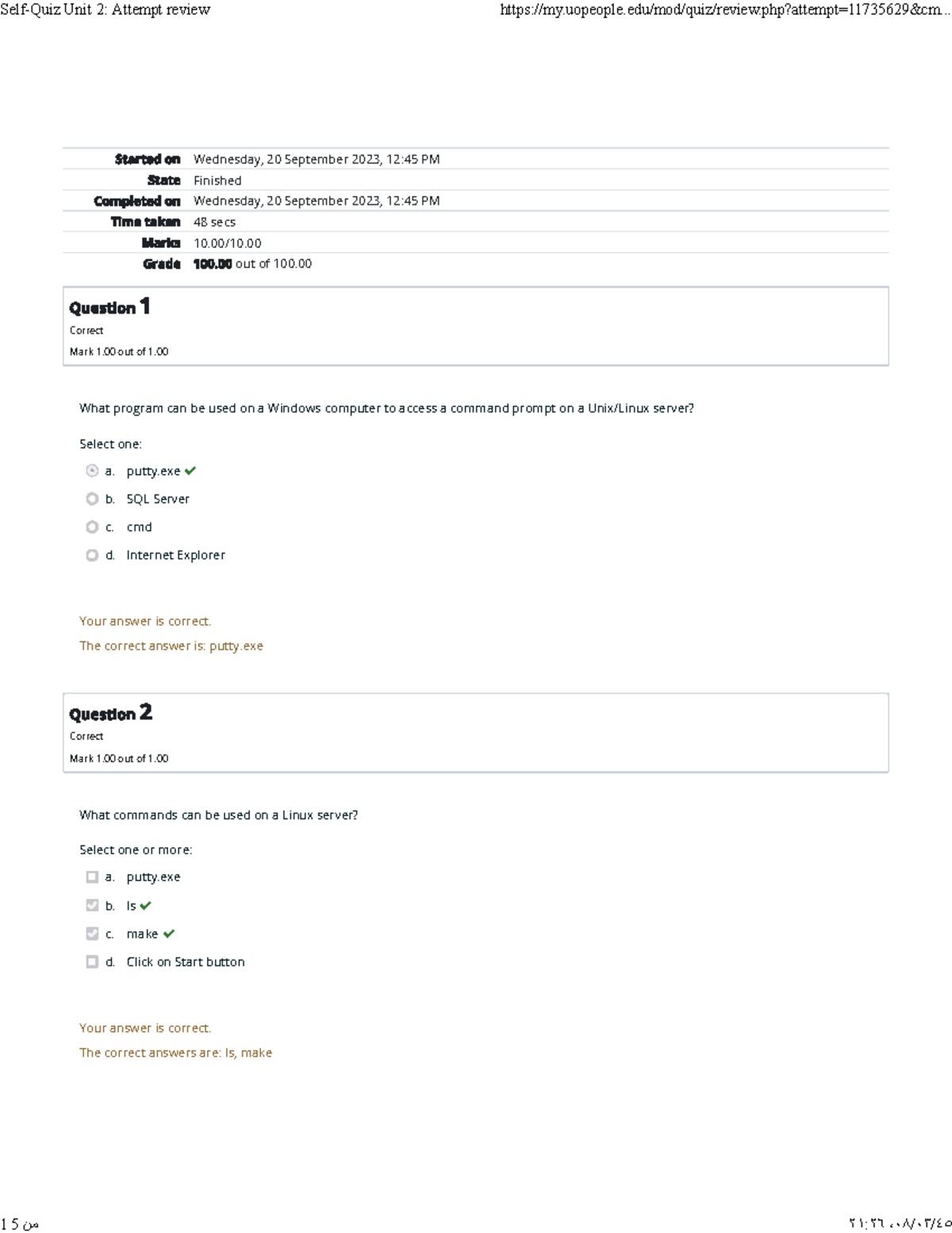 Self-Quiz Unit 2 Attempt review - Wednesday, 20 September 2023, 12:45 PM Finished Wednesday, 20 ...