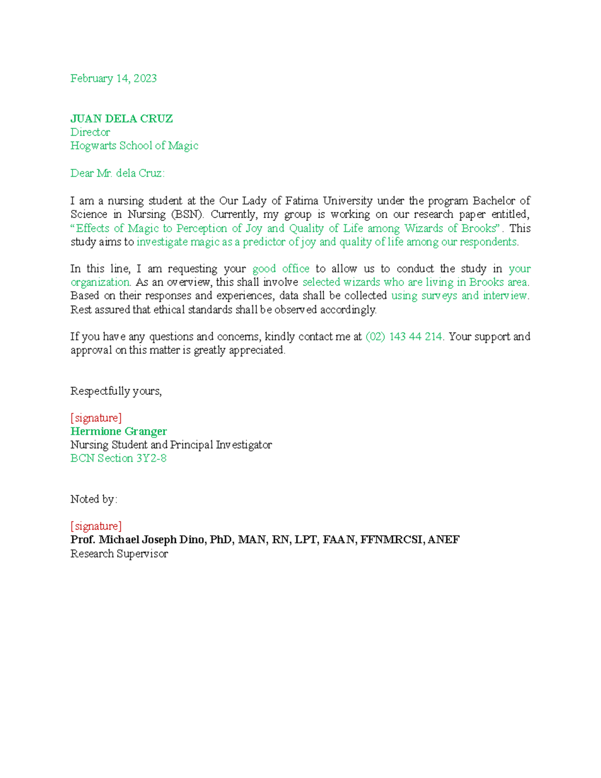 Sample Letter OF Permission TO Conduct THE Study Doc Mj - February 14 ...