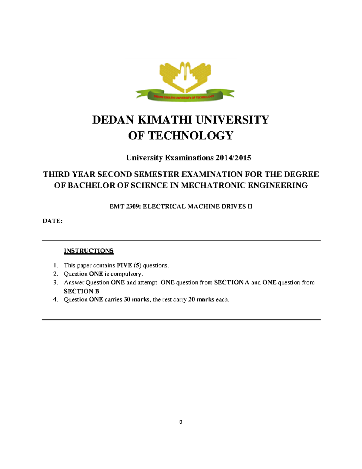EMT2309 Electrical Machine Drives - Copy - DEDAN KIMATHI UNIVERSITY OF TECHNOLOGY THIRD YEAR ...