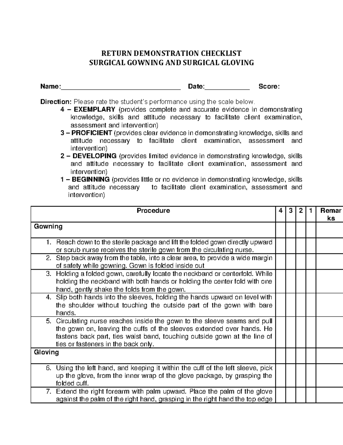 Return Demonstration - notes - RETURN DEMONSTRATION CHECKLIST SURGICAL ...