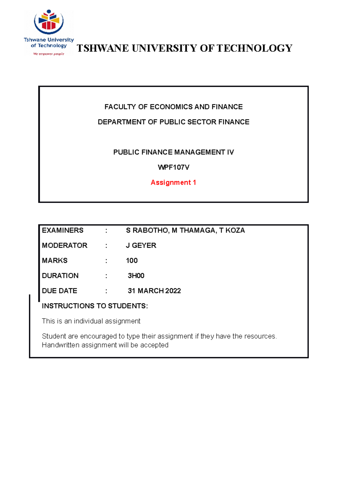 Assignment 1 Financial Statements - TSHWANE UNIVERSITY OF TECHNOLOGY ...