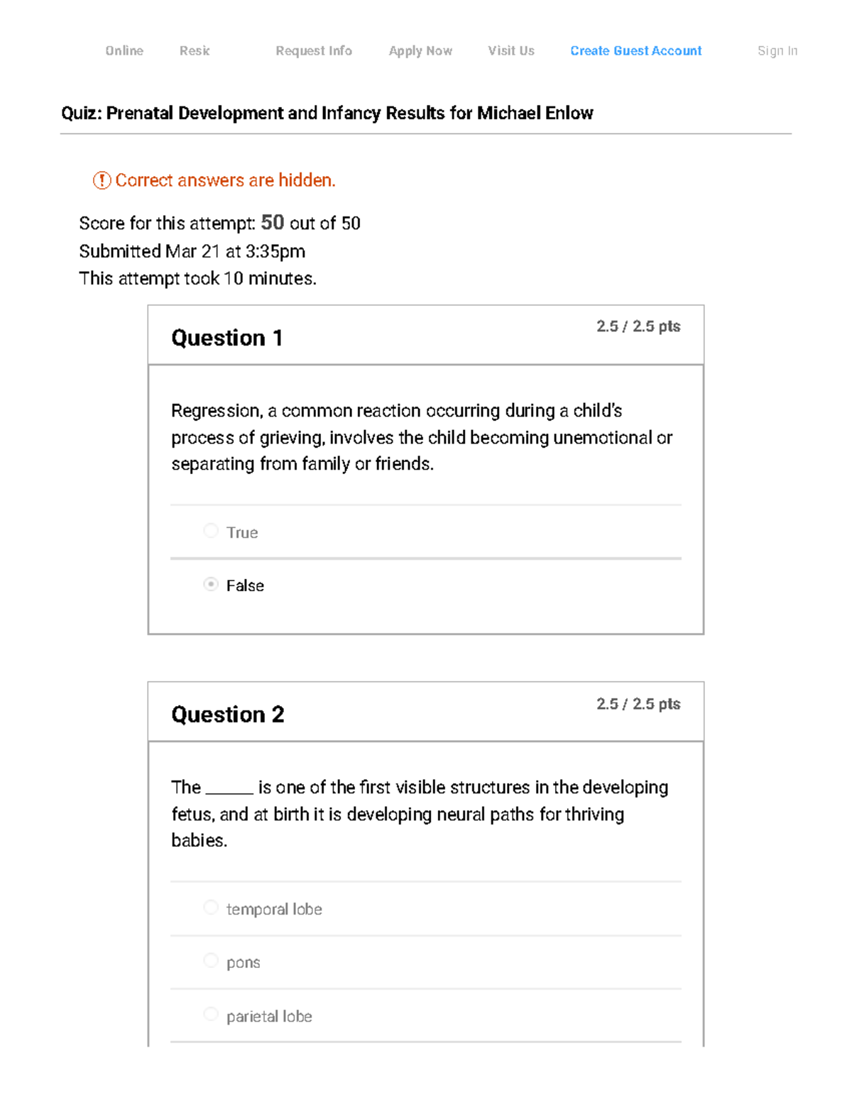 Quiz-2 Prenatal Development and Infancy - Score for this attempt: 50 ...