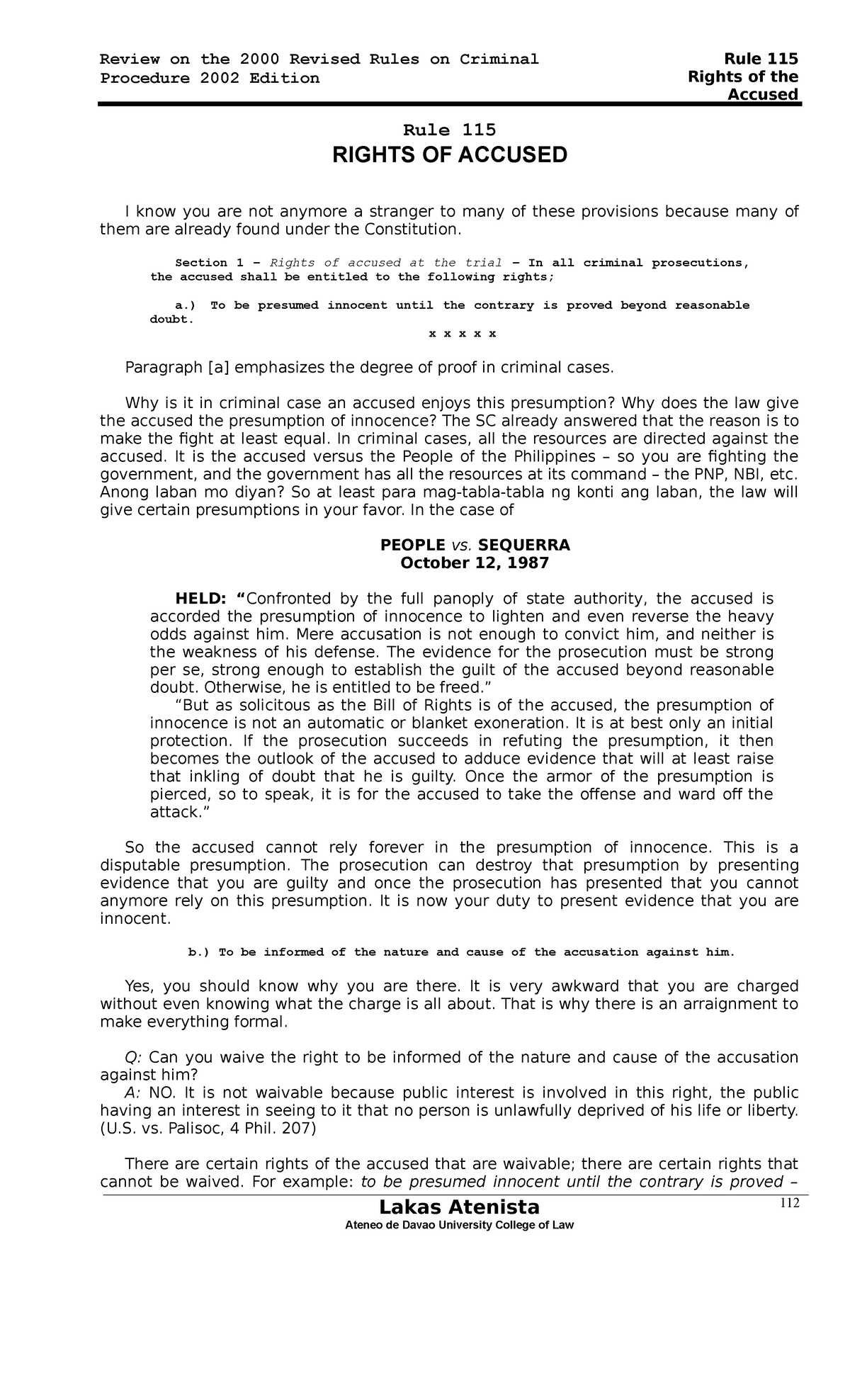 Rule 115-Rights of the Accused - Procedure 2002 Edition Rights of the ...