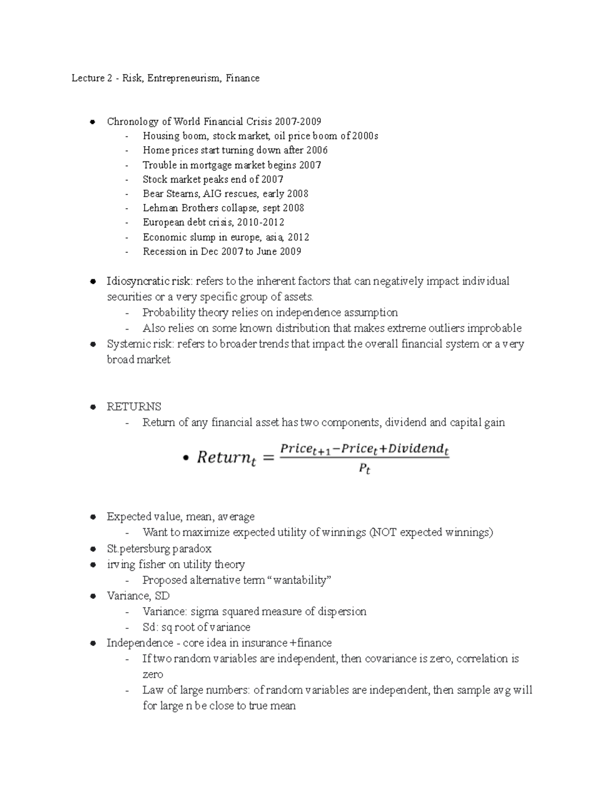 Lecture 2 - Risk, Entrepreneurism, Finance - Lecture 2 - Risk ...