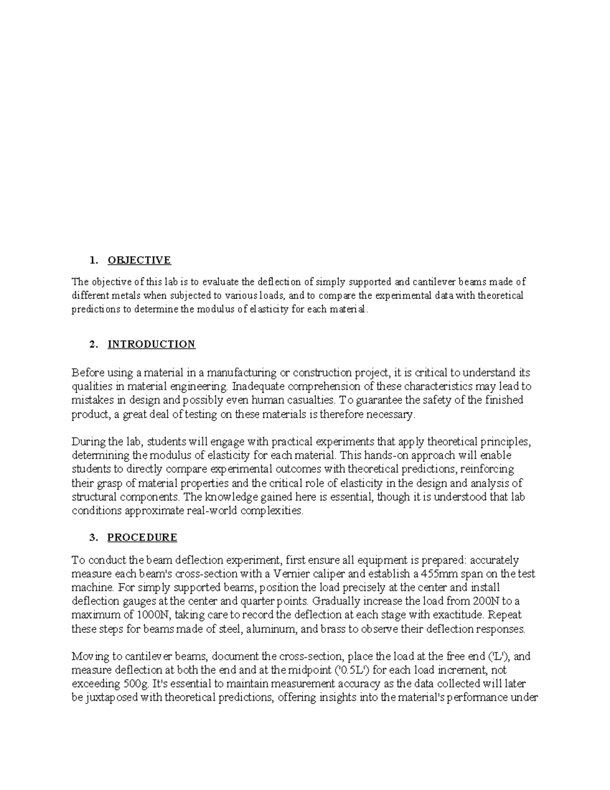 Lab report 5 - Lab - 1. OBJECTIVE The objective of this lab is to evaluate the deflection of ...