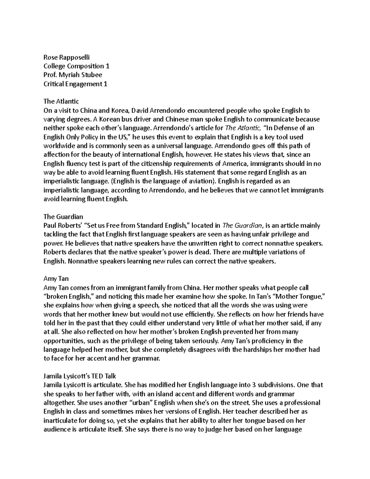 Critical Engagement 1 - Assignment assessing three different articles ...