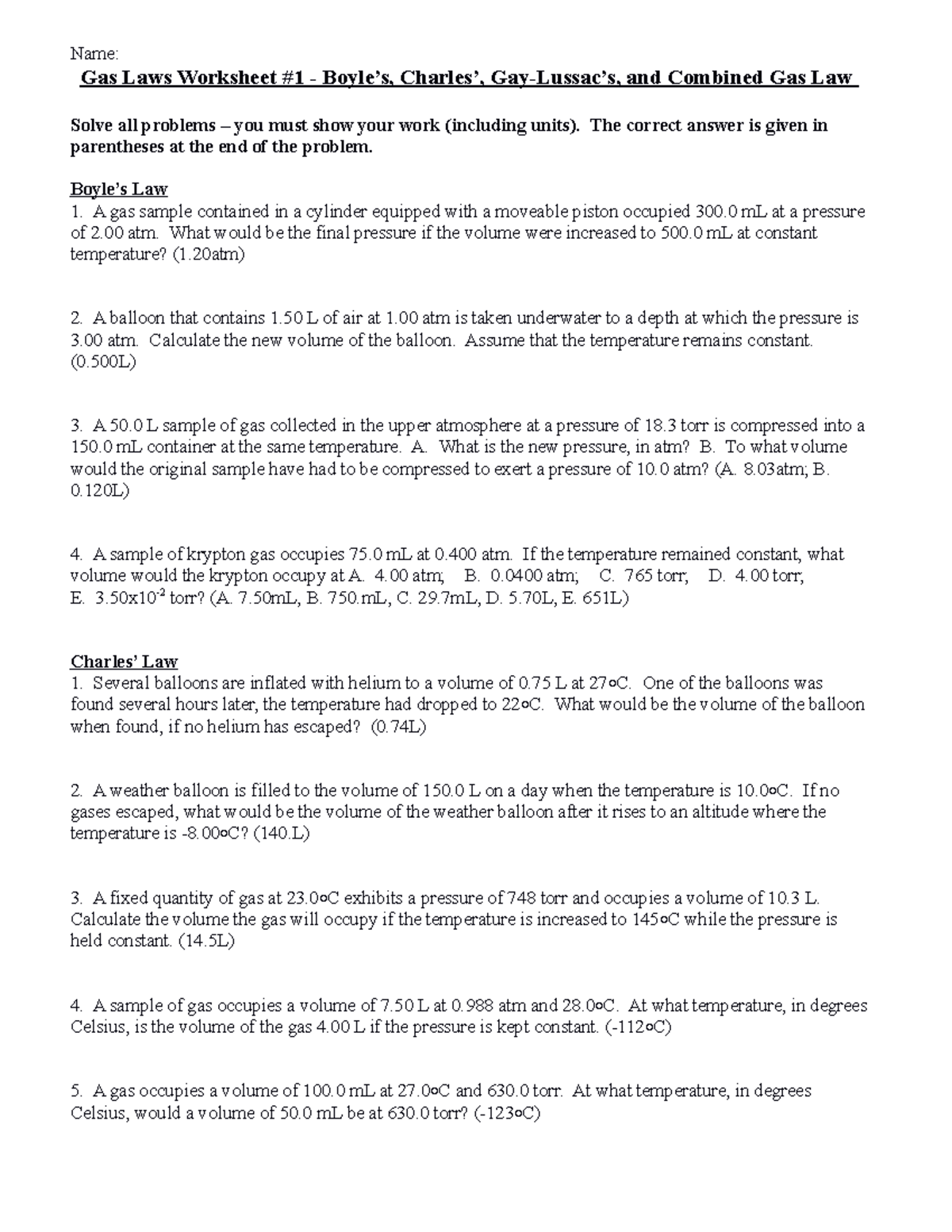 Gas ws 1 - Simple gas laws worksheets - Name: Gas Laws Worksheet #1 ...