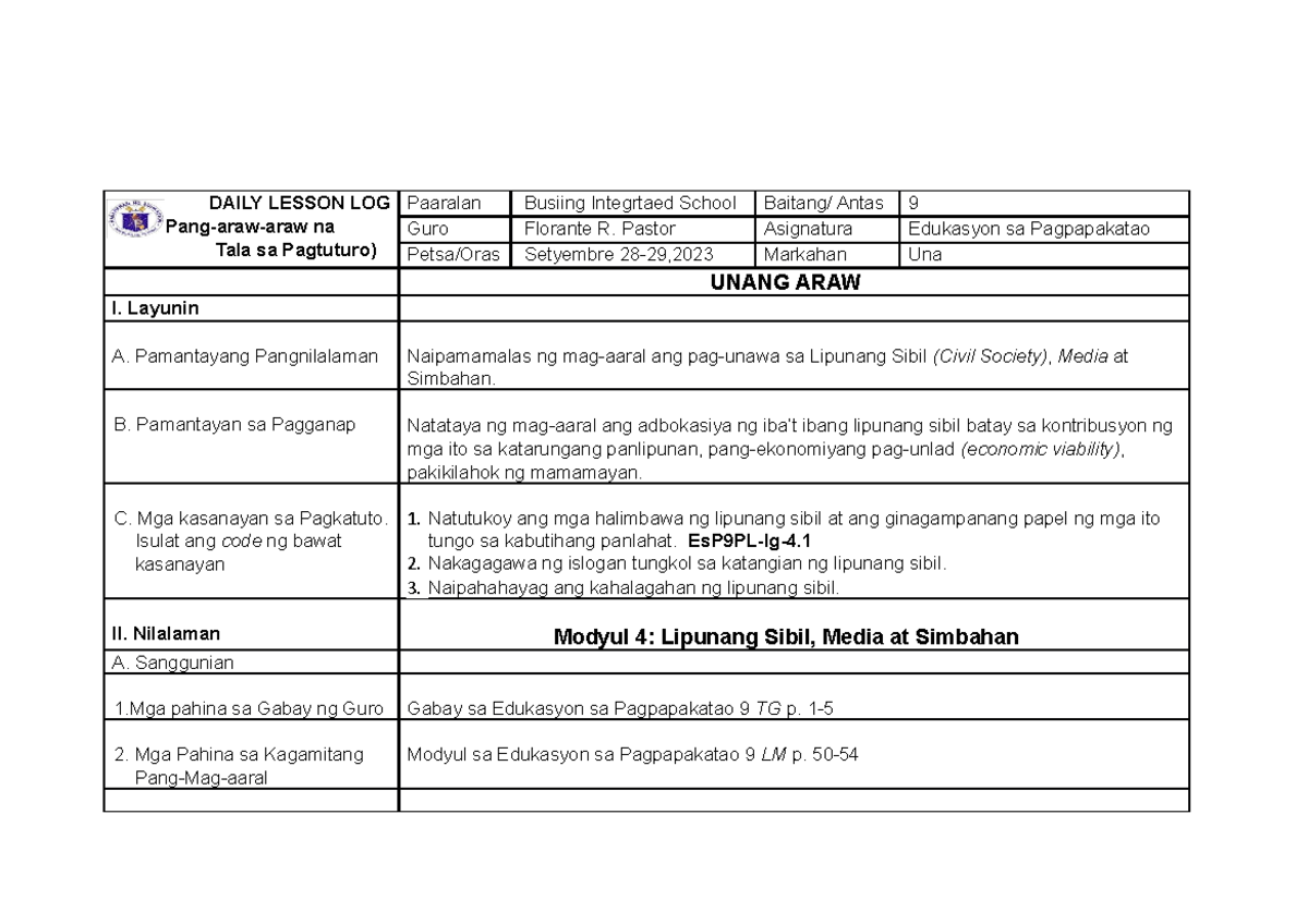 Es P DLL 9 Mod 4-Xandra - N/A - DAILY LESSON LOG (Pang-araw-araw na ...