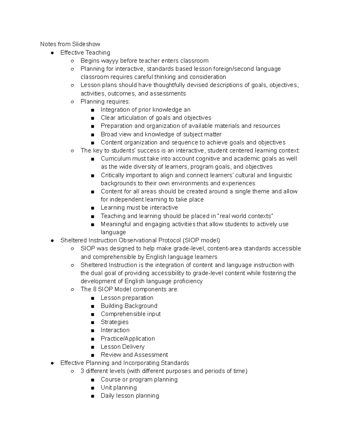 Notes EDRL 474 - Notes from Slideshow Effective Teaching Begins wayyy ...