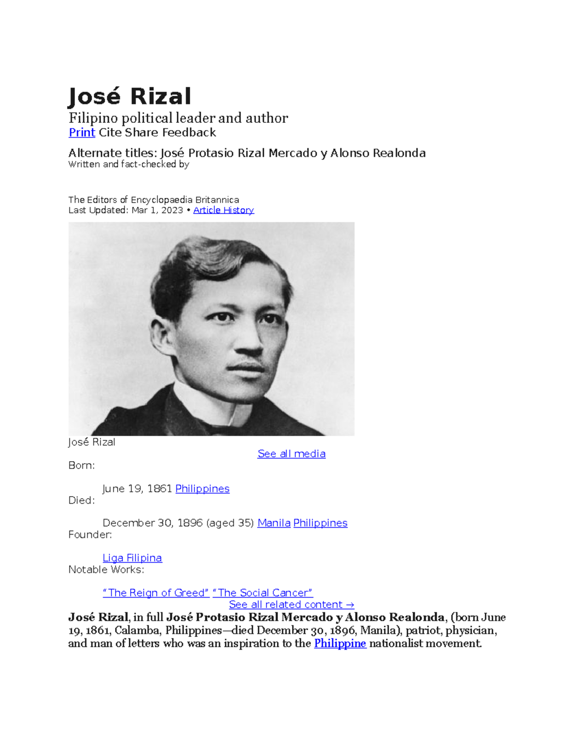 José Rizal - José Rizal Filipino political leader and author Print Cite ...