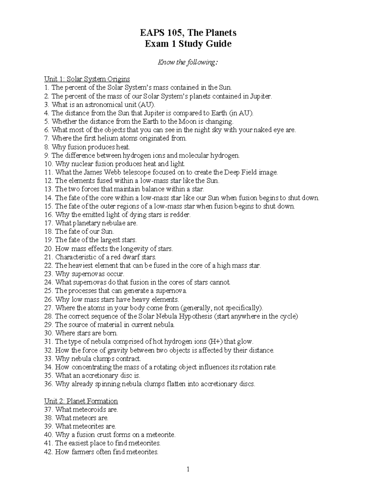 Exam 1 Study Guide - Summary The Planets - EAPS 105, The Planets Exam 1 ...