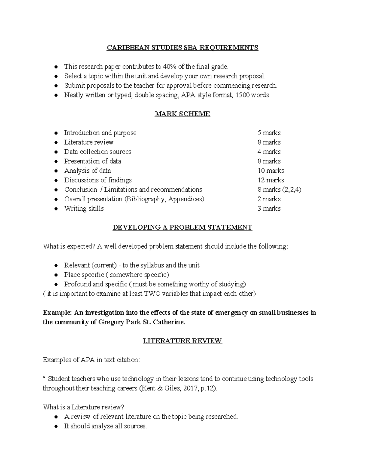 Caribbean Studies SBA Requirements - CARIBBEAN STUDIES SBA REQUIREMENTS ...