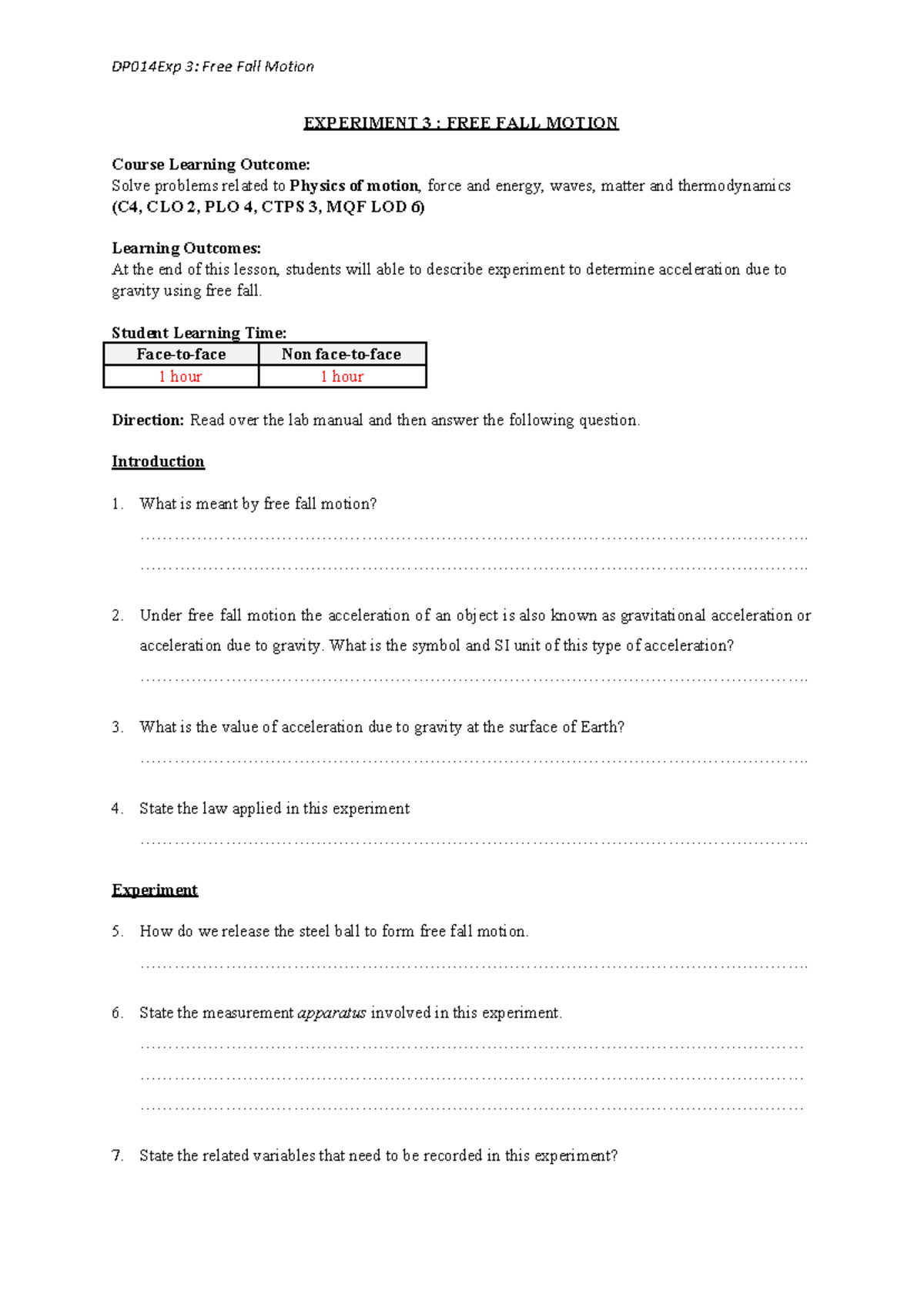 Prelab 3 Lab Free Fall - about free fall - DP014Exp 3: Free Fall Motion ...