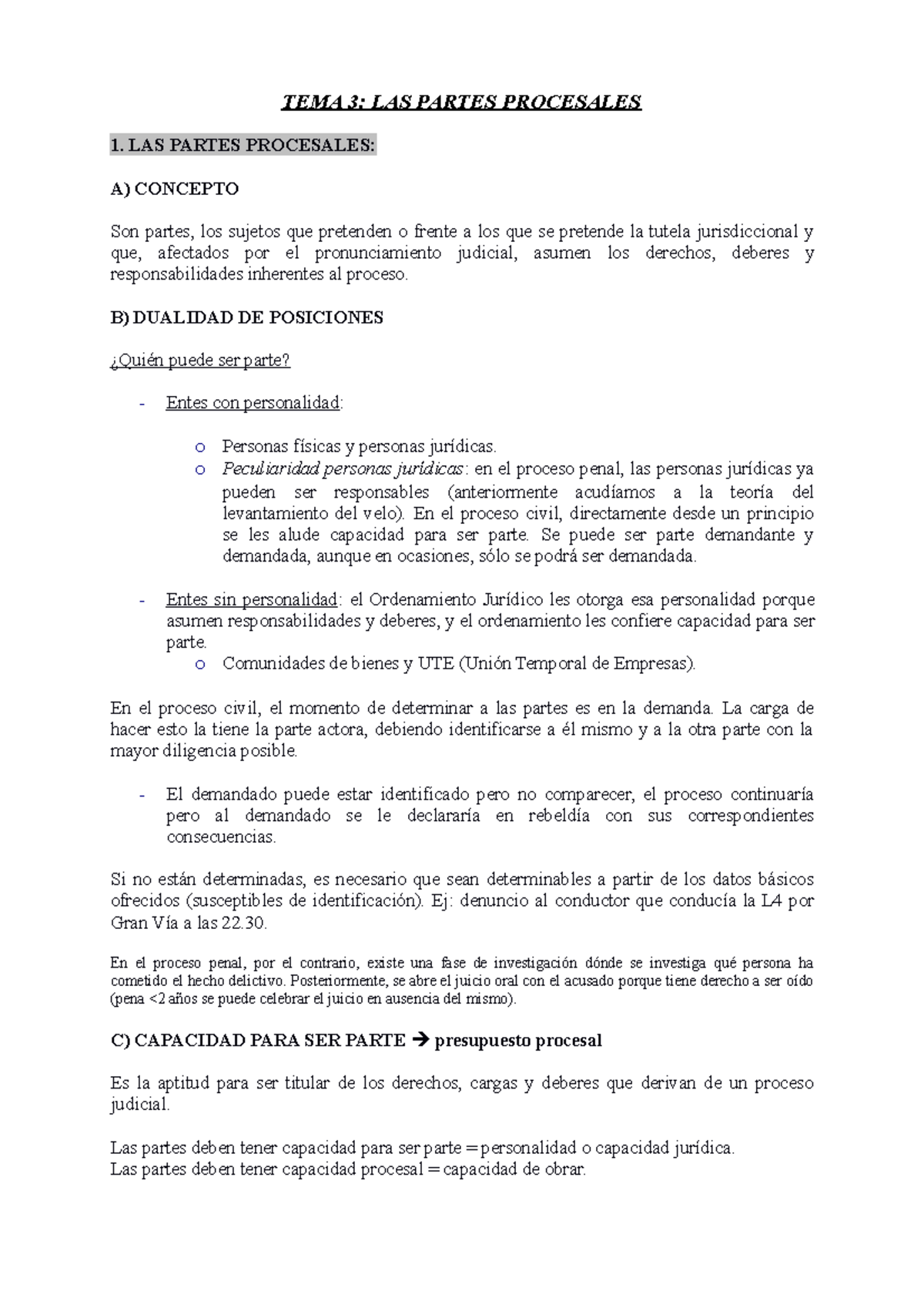TEMA 3 - Apuntes - TEMA 3: LAS PARTES PROCESALES 1. LAS PARTES ...