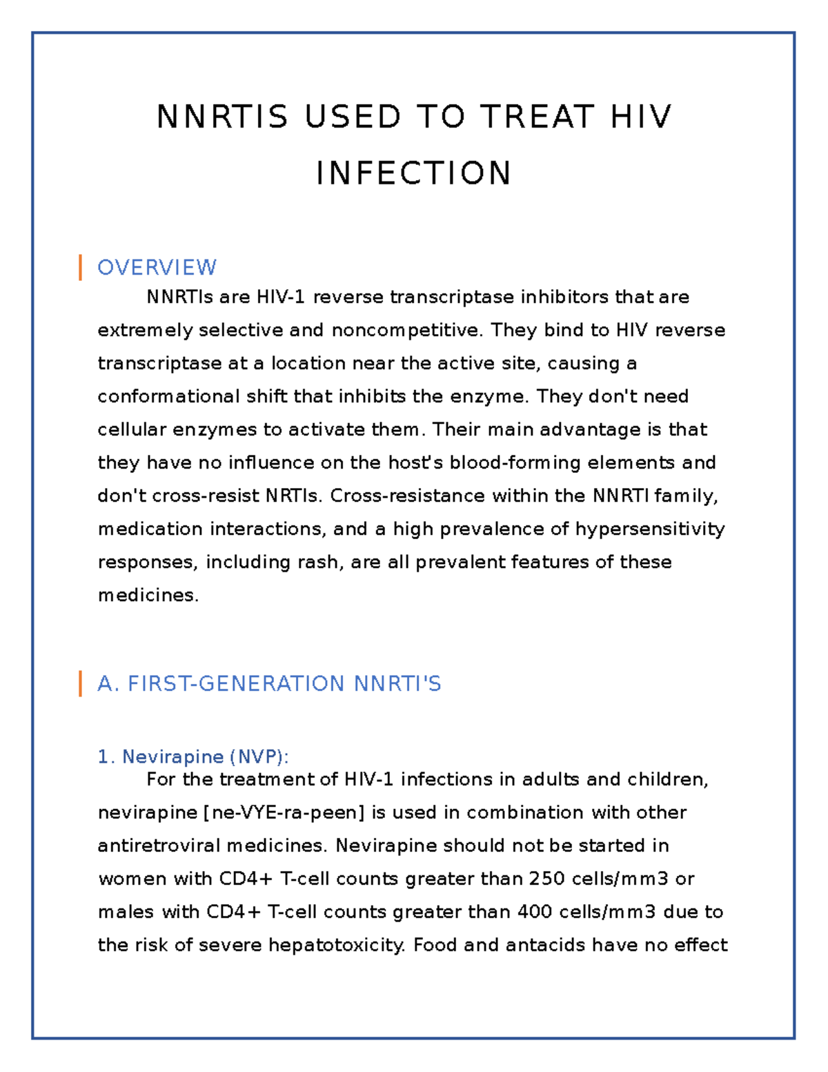 Brief NOTE ON USE OF NNRTIs TO Treat HIV Infection - NNRTIS USED TO ...