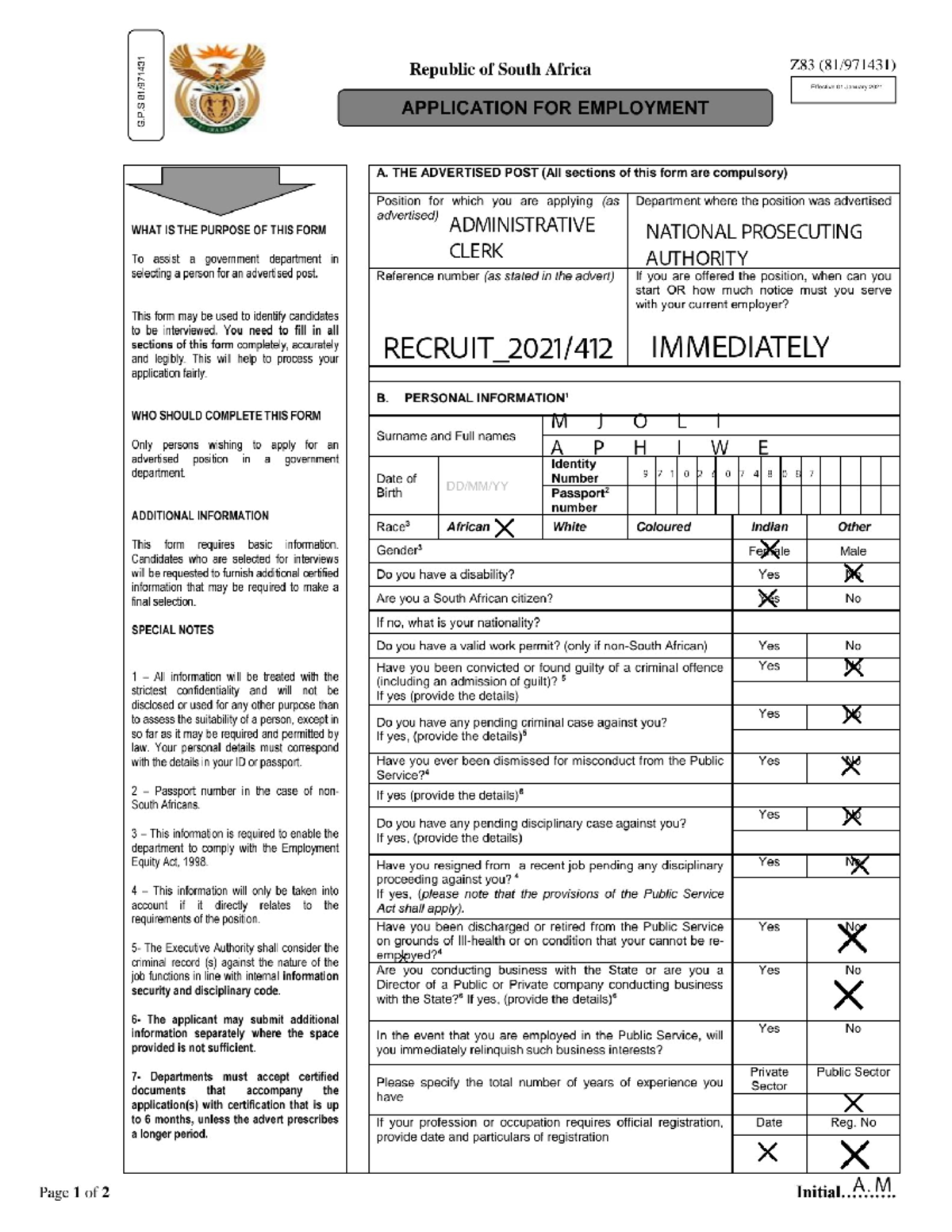 Approved New Z83 form - N/A - Republic of South Africa Z83 Effective 01 ...