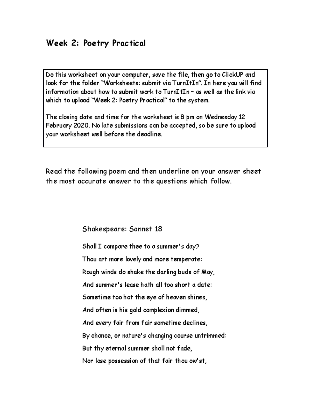 Week 2 prac - Practical - Week 2: Poetry Practical Do this worksheet on ...