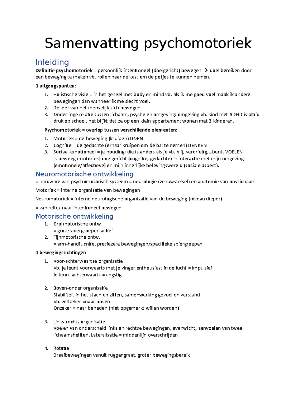 Samenvatting over het vak psychomotoriek - Samenvatting psychomotoriek ...