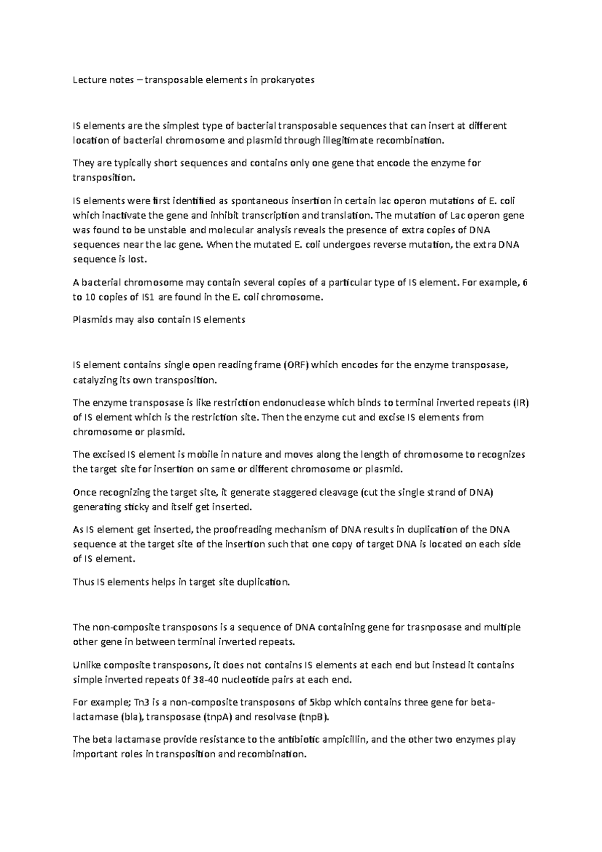 Lecture notes – transposable elements in prokaryotes - Lecture notes ...