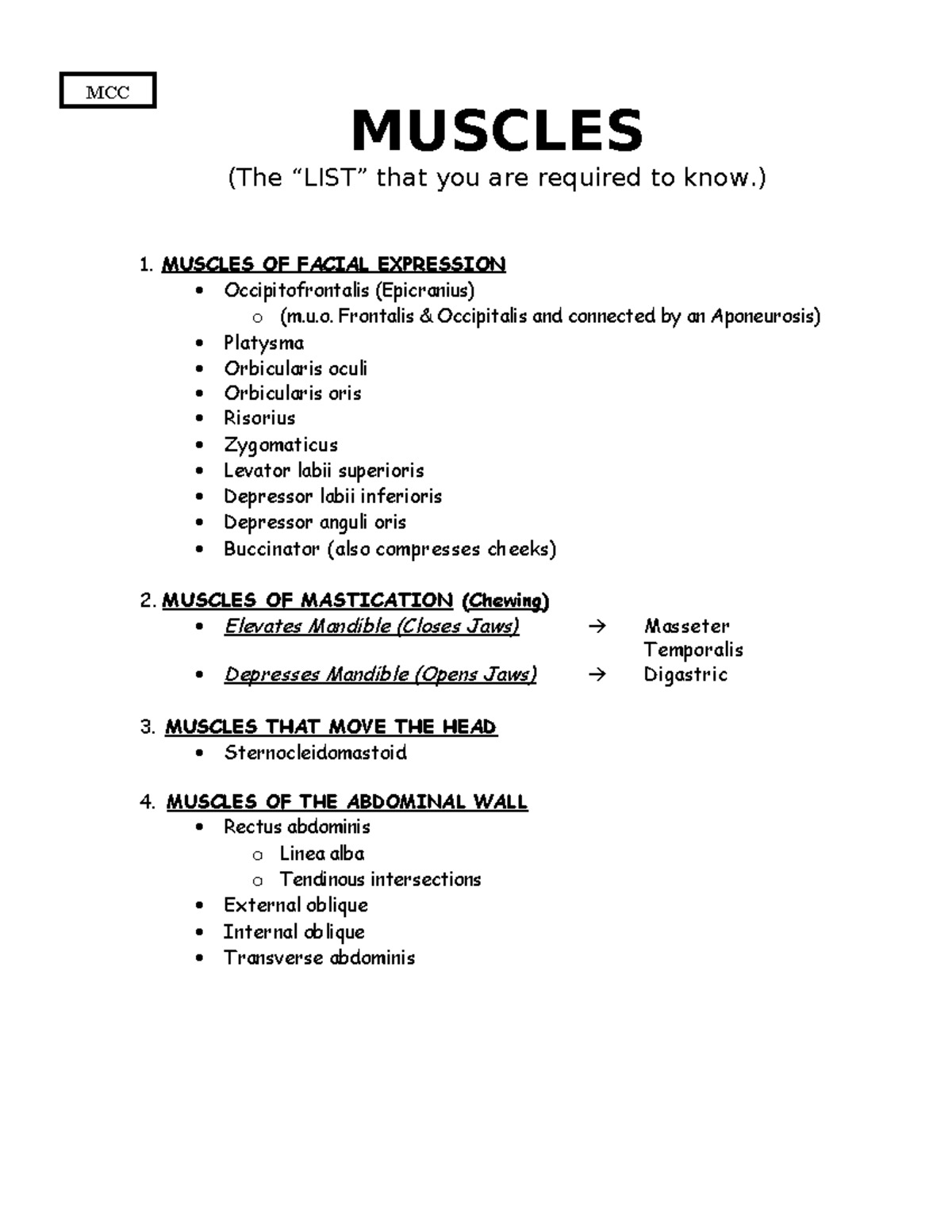 LIST - Muscles (09-16) - MCC - MUSCLES (The “LIST” that you are ...