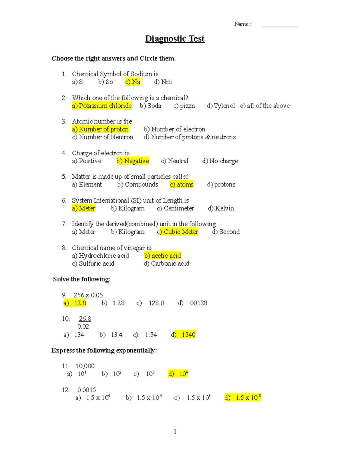 Diagnostic pratice question for chem test - Name ...