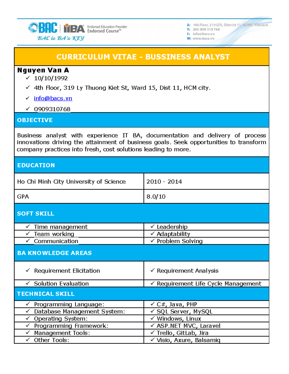 BAC- CV template Business analysis 2019 - CURRICULUM VITAE - BUSSINESS ...