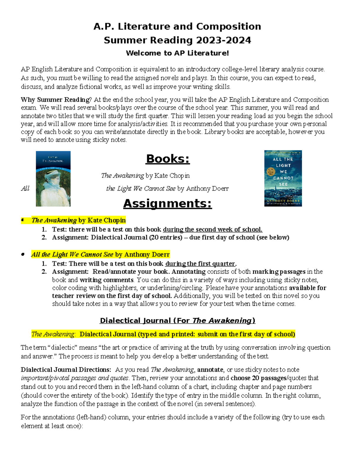 AP Lit - Summer Reading 2023-24.2 4 - A. Literature and Composition Summer Reading 2023- Welcome ...