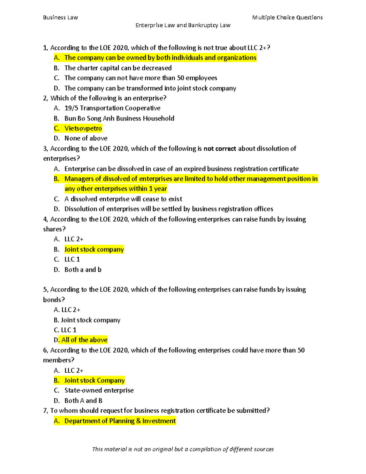 MCQ (Enterprise and Bankruptcy) - Enterprise Law and Bankruptcy Law 1 ...