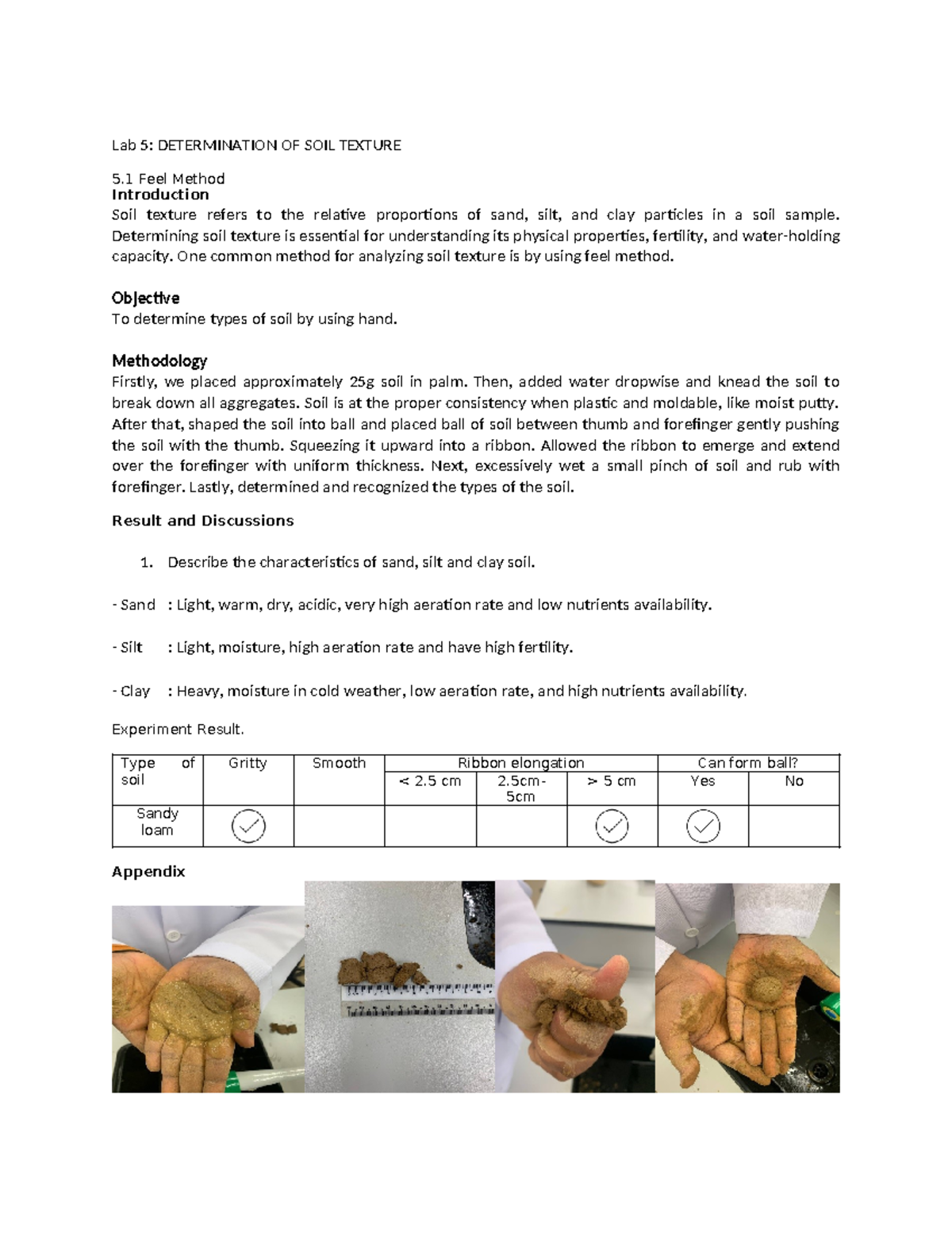 Lab 5 - Lab 5: DETERMINATION OF SOIL TEXTURE 5 Feel Method Introduction ...