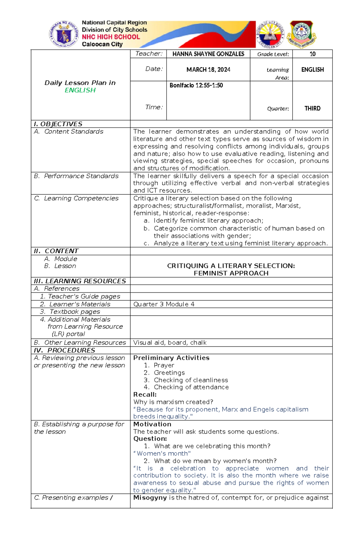 Approach Feminist March 18 - Daily Lesson Plan in ENGLISH Teacher ...