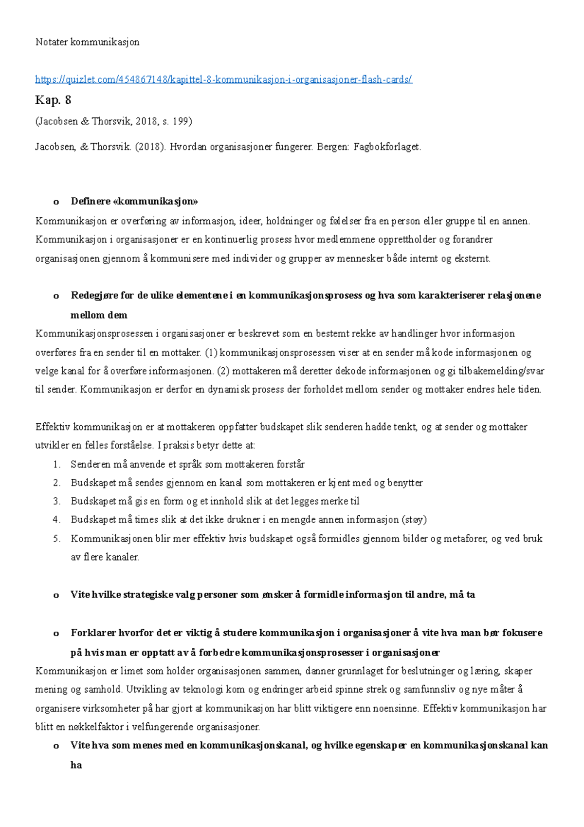 Notater Jacobsen, & Thorsvik. (2018). Hvordan organisasjoner fungerer. - Notater kommunikasjon ...