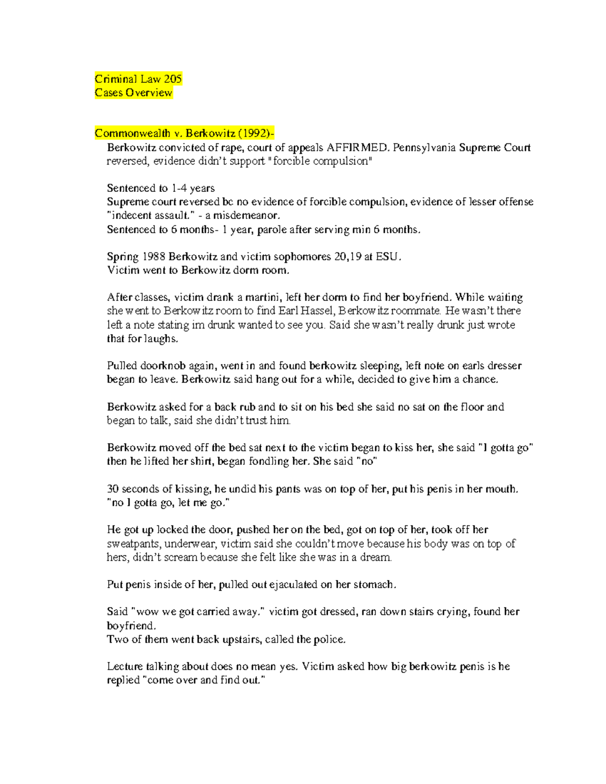 Criminal law 205 - Criminal Law 205 Cases Overview Commonwealth v ...