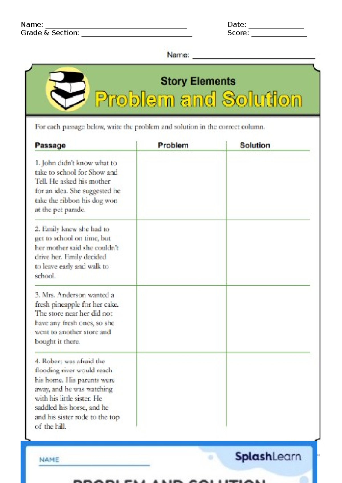 Problem & Solution - Name: Date: Grade Section: Score: Name: Story ...