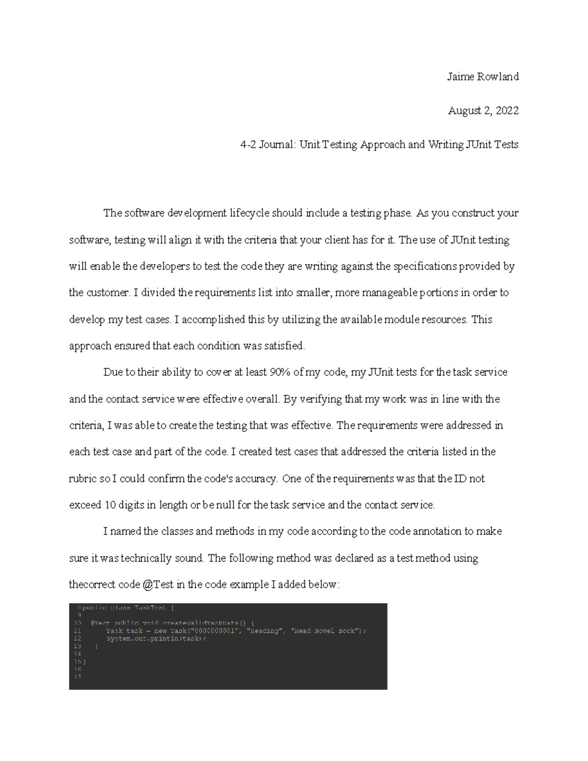 CS 320 4-2 Journal Unit Testing Approach and Writing JUnit Tests second ...