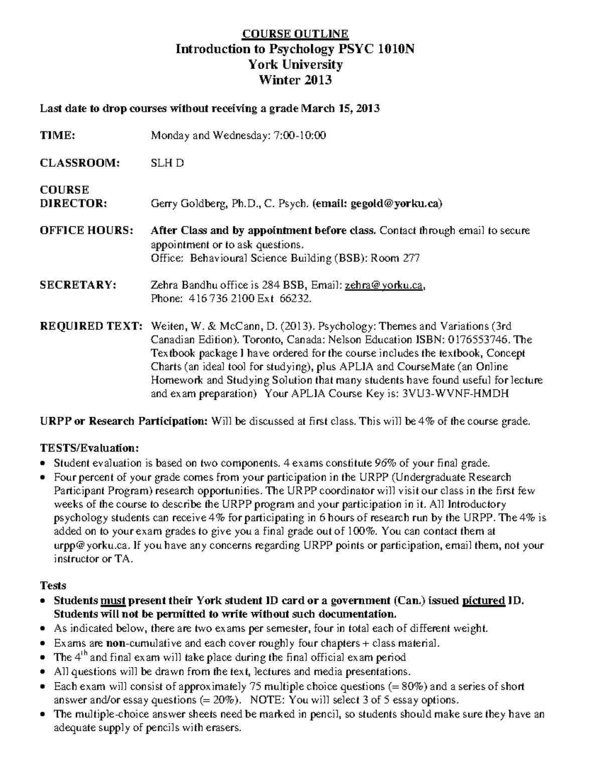 Introduction-TO- Psychology - COURSE OUTLINE Introduction to Psychology ...