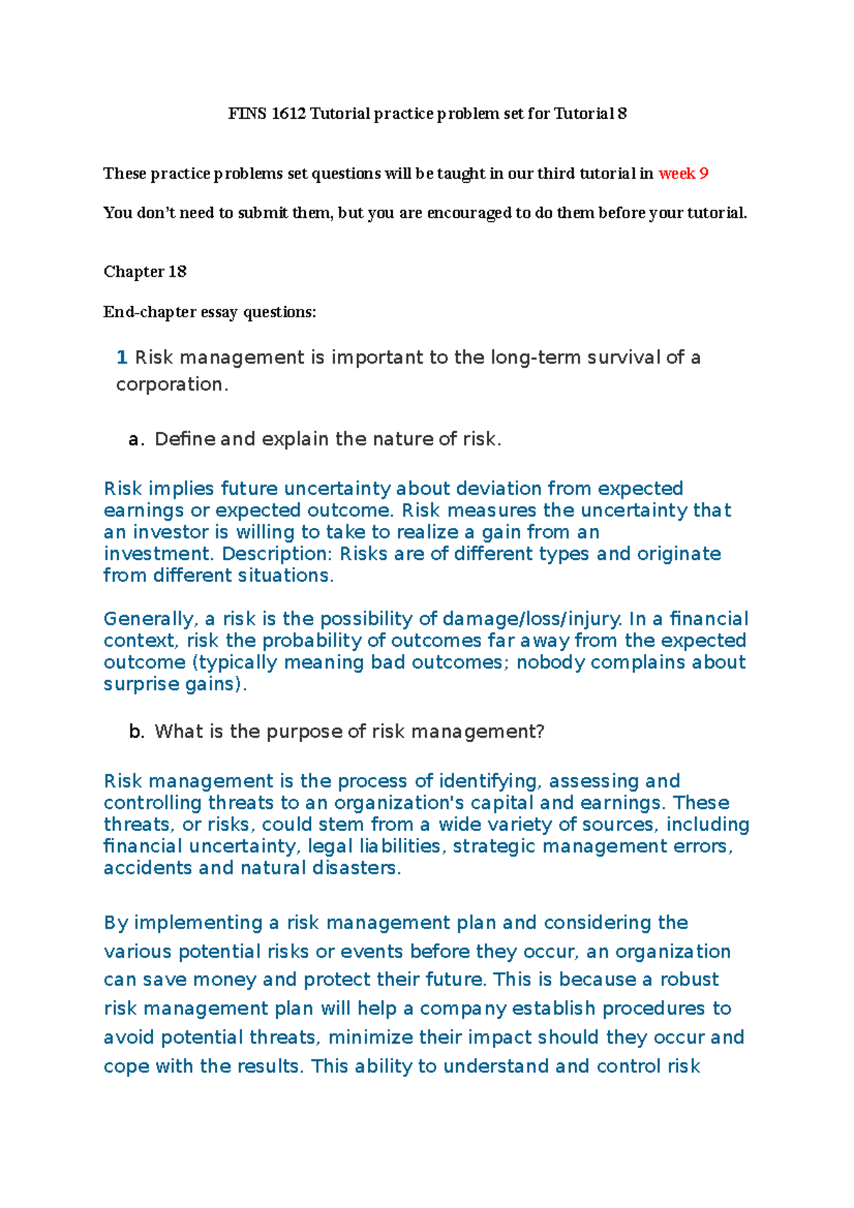 Solutions For Tutorial Practice Problem Set Tutorial 8 Fins 1612 Tutorial Practice Problem Set