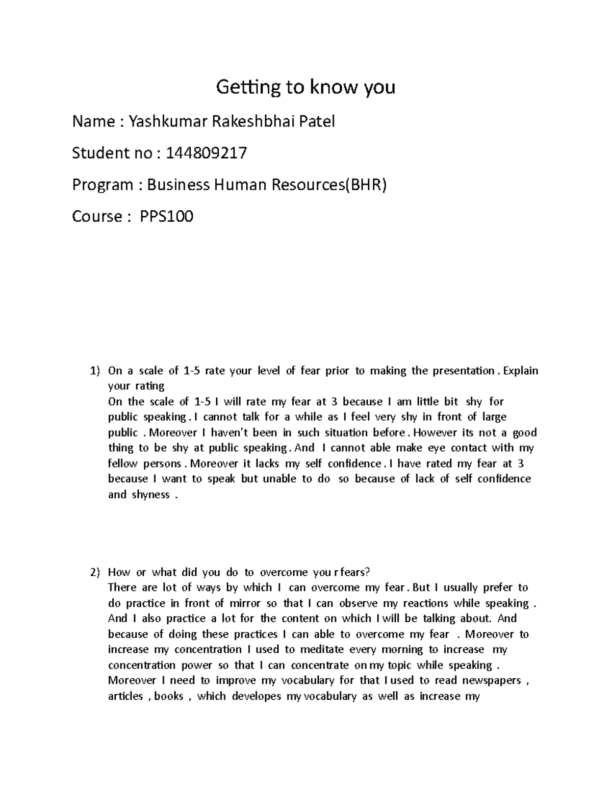 Getting to know you - this assignment is worth 10 percent - Getting to ...