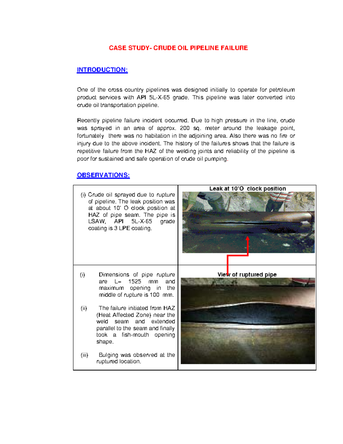 CASE Study Crude OIL Pipeline Failure - CASE STUDY- CRUDE OIL PIPELINE ...