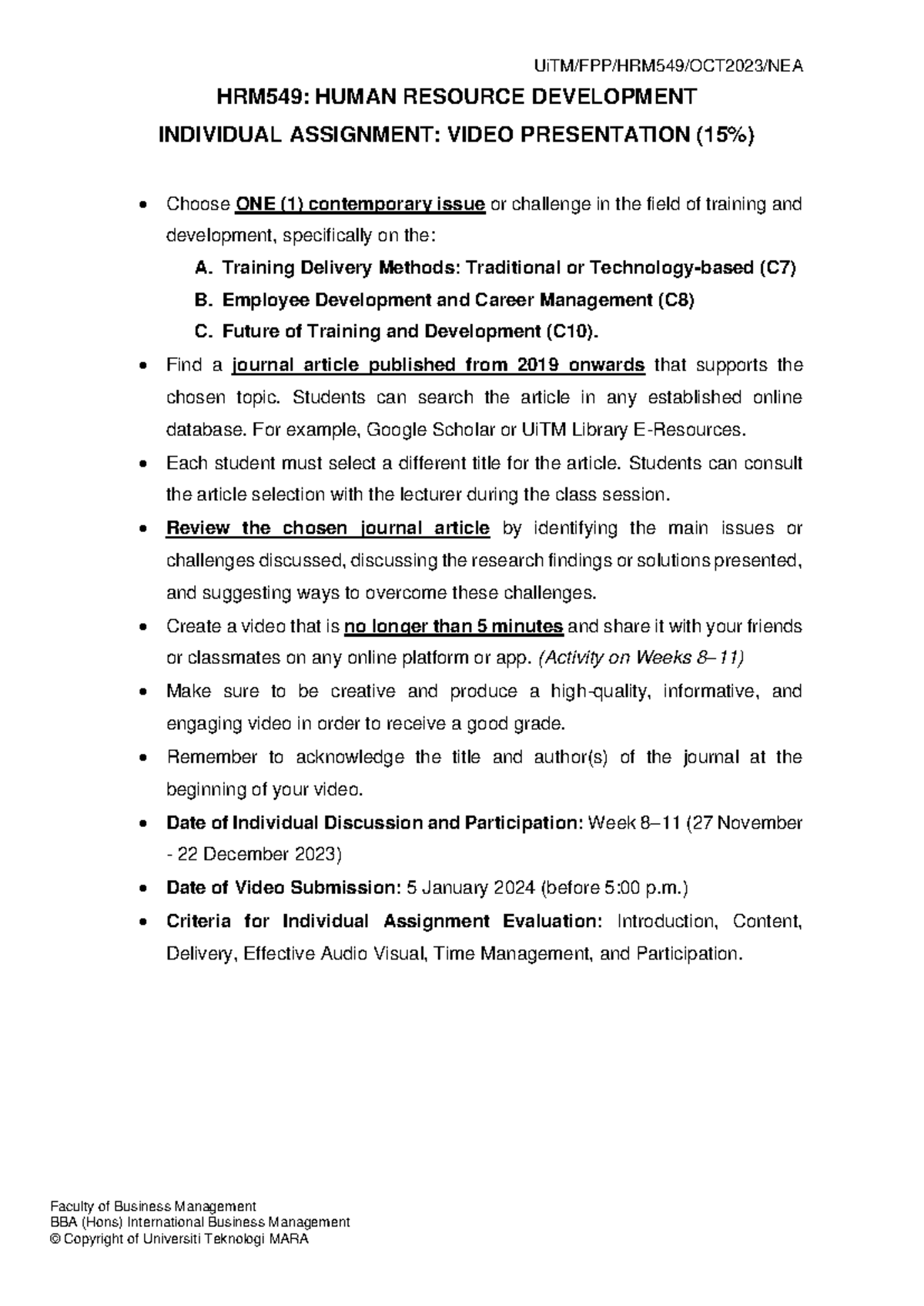 Individual Assignment HRM549 NEA - UiTM/FPP/HRM54 9 /OCT2023/NEA ...