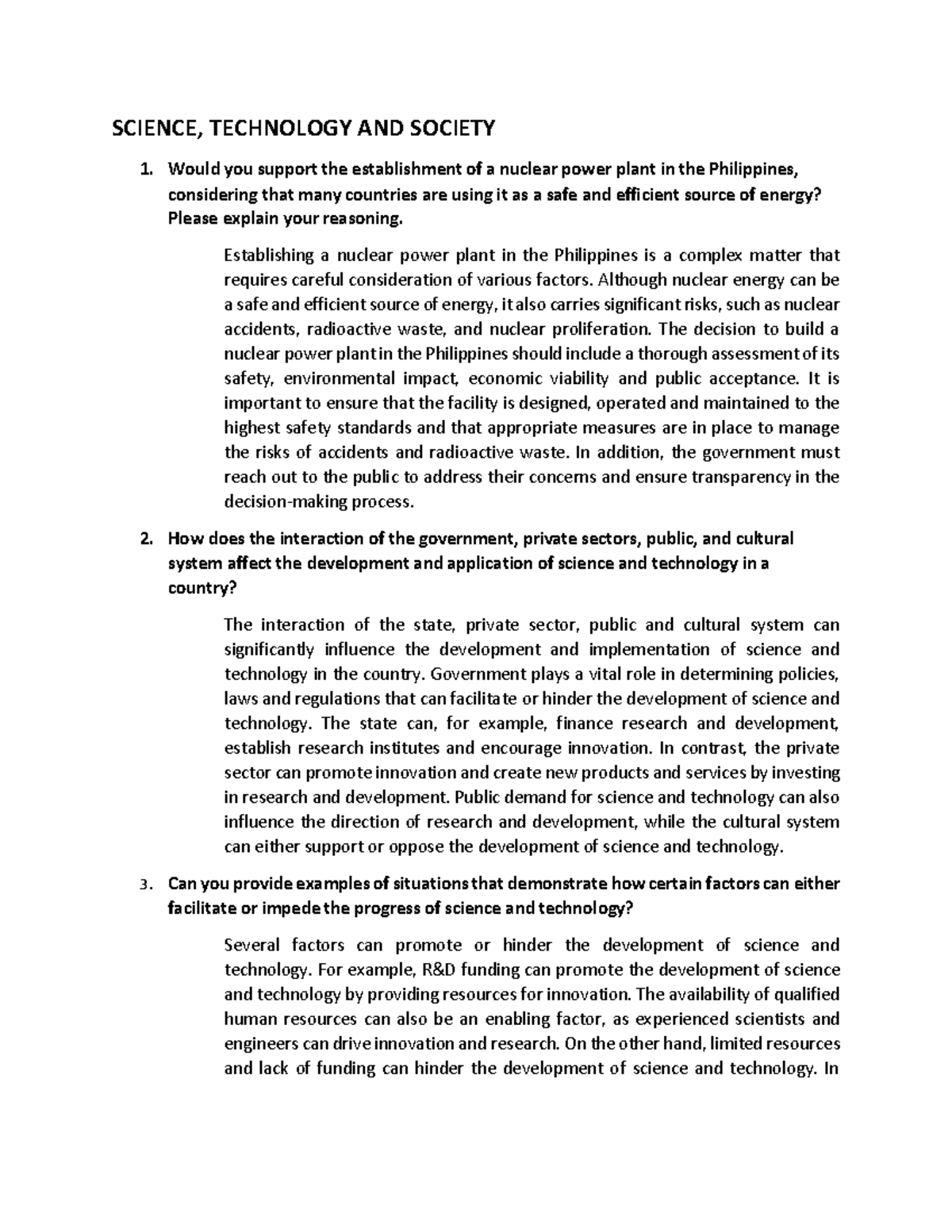 STS Would you support the establishment of a nuclear power plant in the Philippines - SCIENCE ...