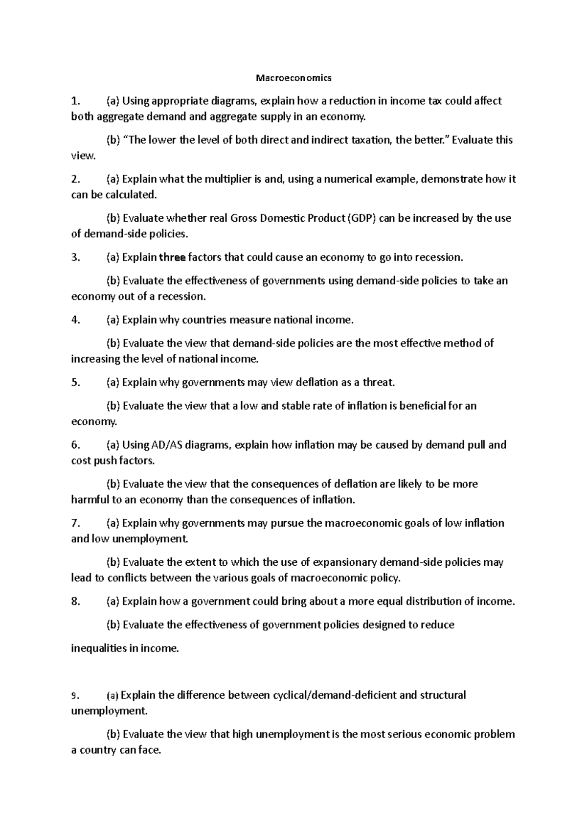 Macroeconomics Activity Part 4 - Macroeconomics (a) Using appropriate ...