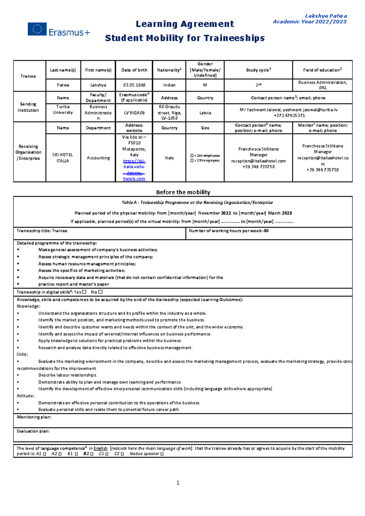 Learning - assignmnt - Learning Agreement Academic Year 2022/ Student ...