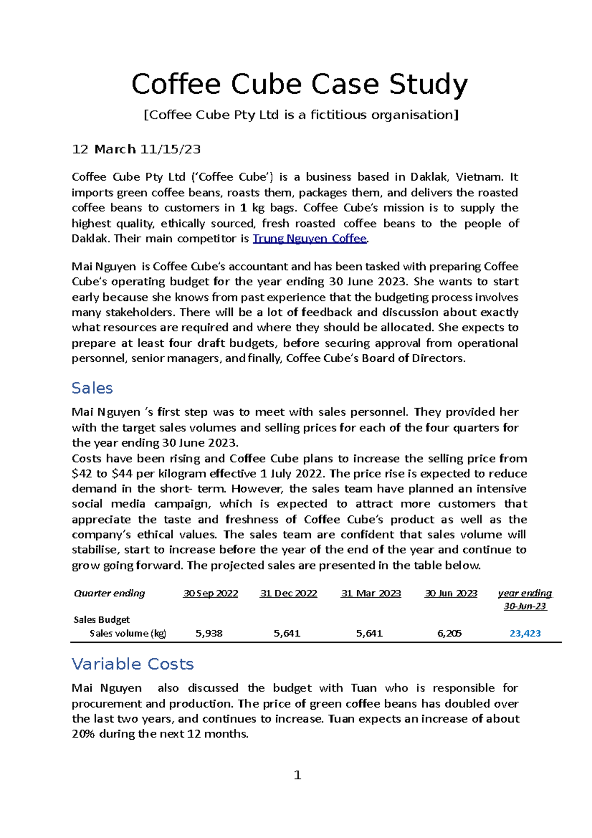 Coffee Cube student - Coffee Cube Case Study [Coffee Cube Pty Ltd is a ...