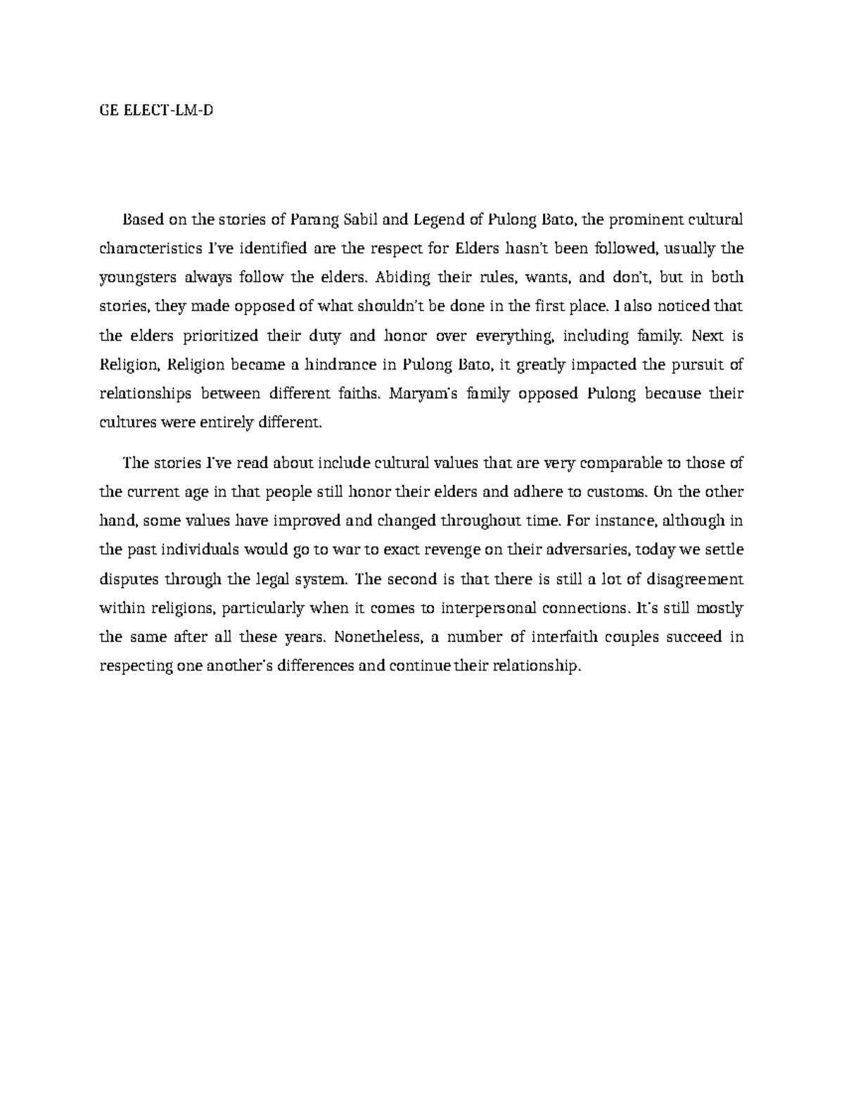 Pulong BATO Essay - GE ELECT-LM-D Based on the stories of Parang Sabil ...